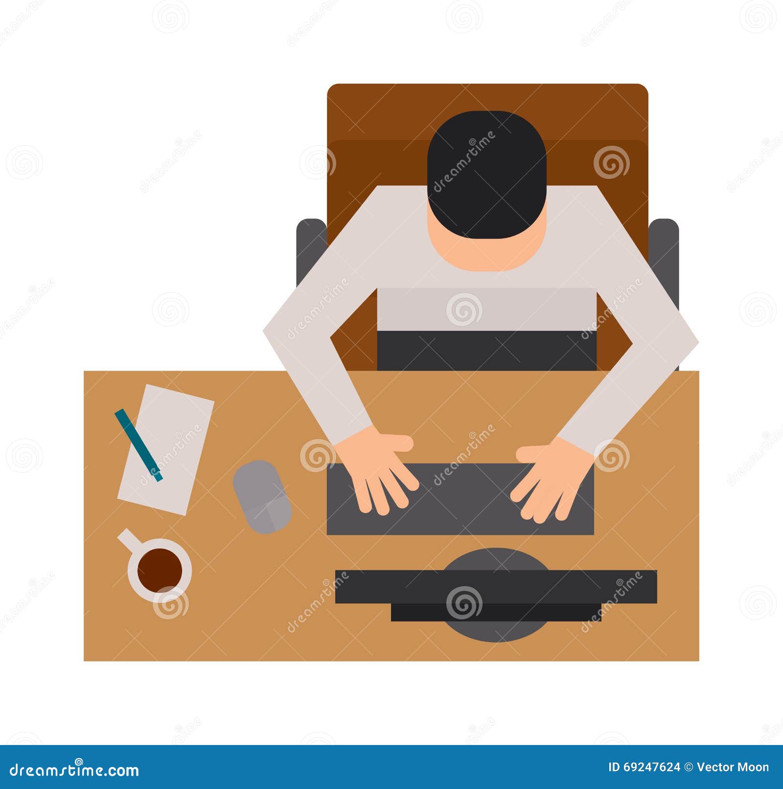 Workplace Office with Man Top View Flat Vector Illustration. Stock ...