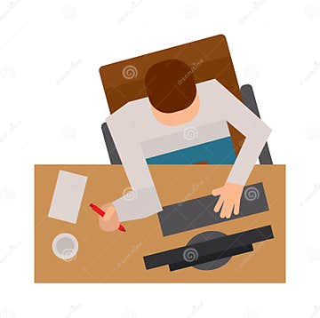 Workplace Office with Man Top View Flat Vector Illustration. Stock ...