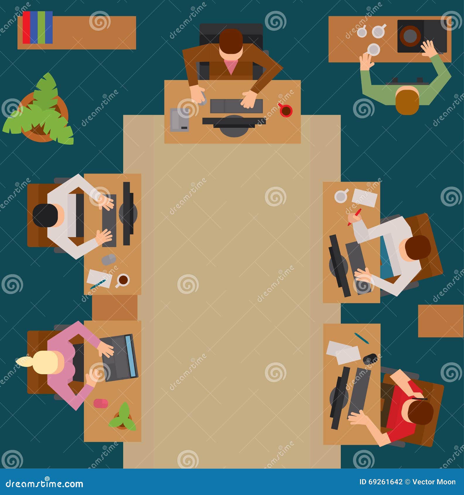 Workplace Office with Man Top View Flat Vector Illustration. Stock ...