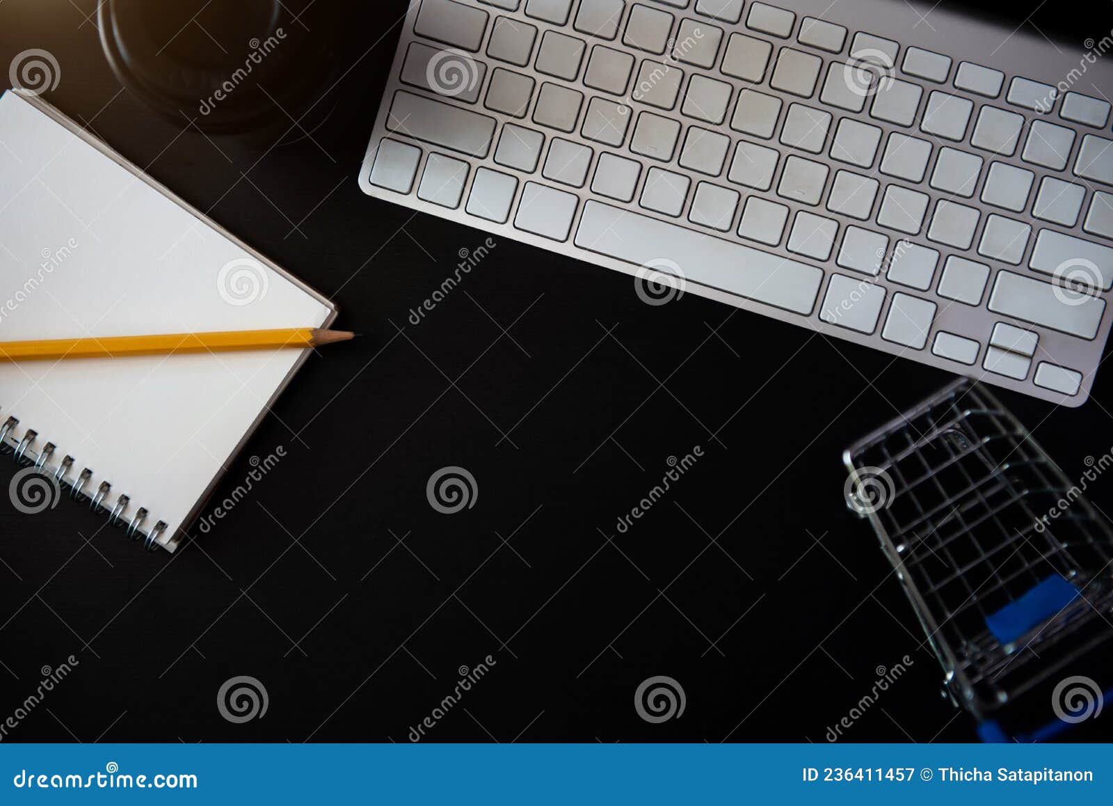 Workplace in Office with Purple Desk. Top View from Above of Keyboard ...