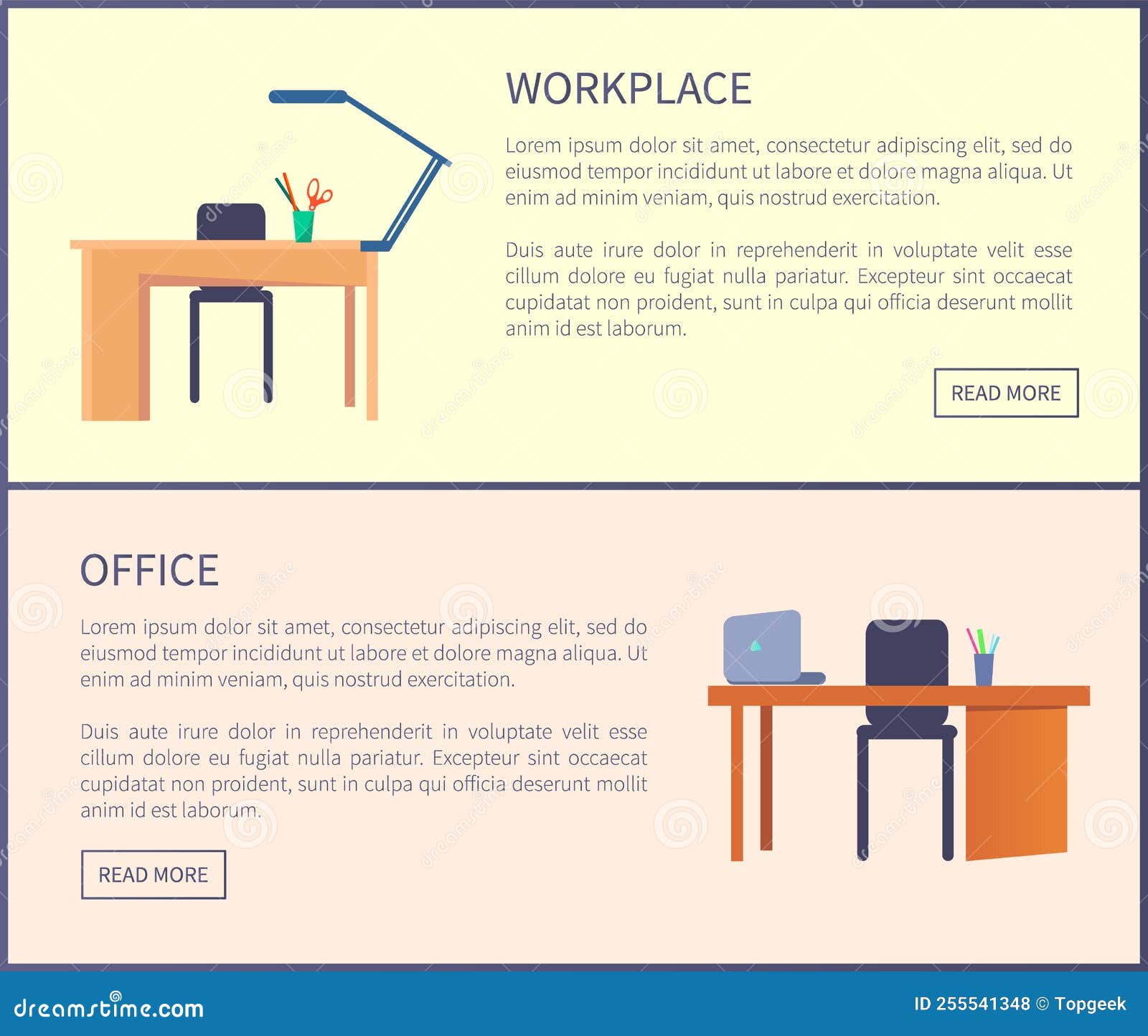 Workplace in Office Web Posters Set Empty Tables Stock Vector ...