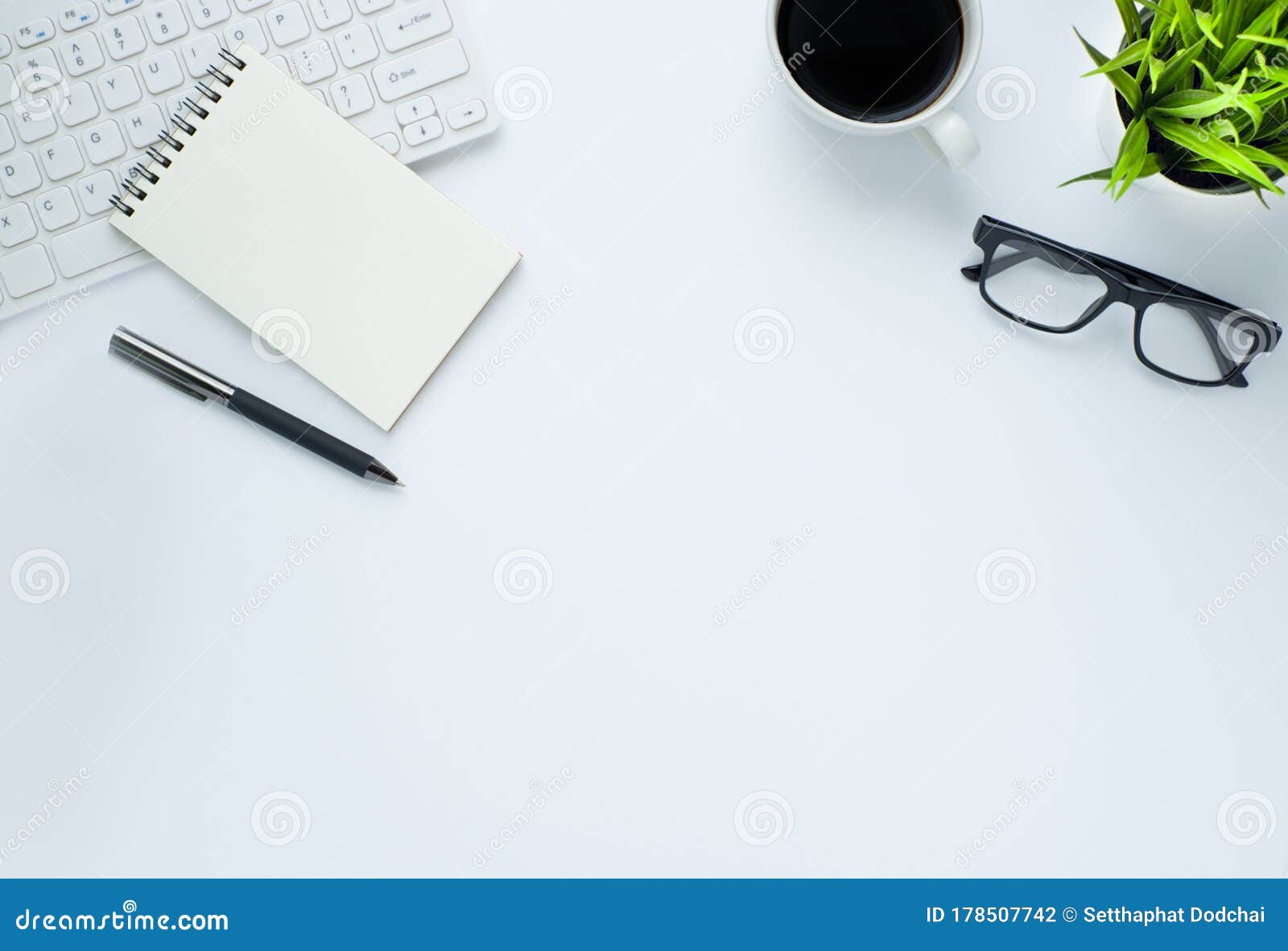 Workplace in Office with White Desk. Top View from Above of Keyboard ...