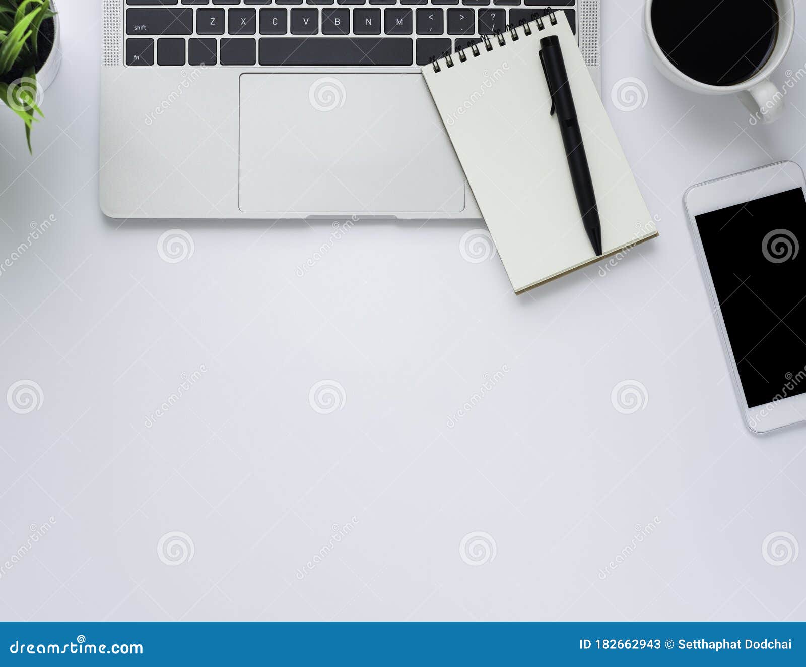 Workplace in Office with White Desk. Top View from Above of Keyboard ...