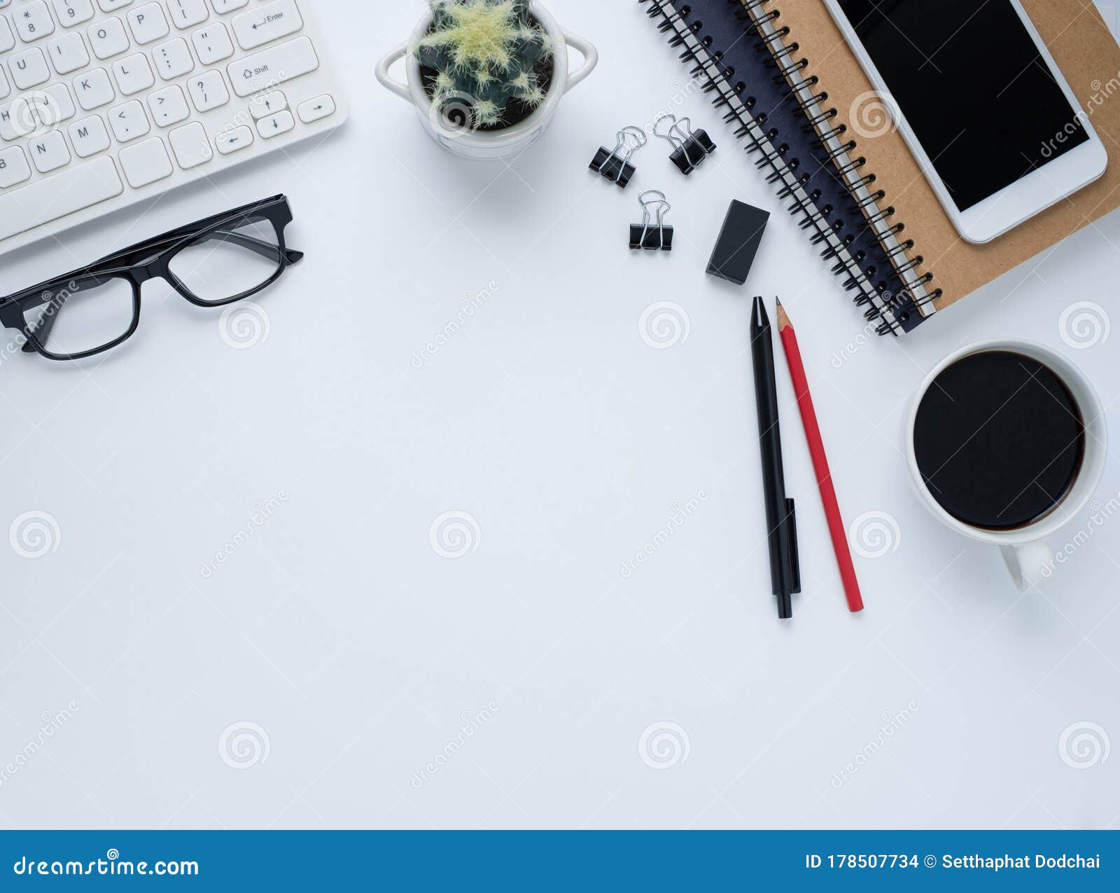 Workplace in the Office with a White Desk. Top View from Above of ...