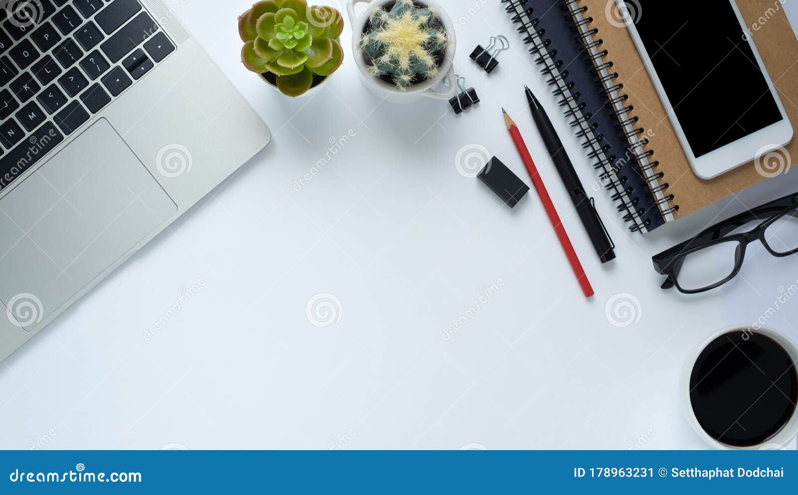 Workplace in the Office with a White Desk. Top View from Above of ...