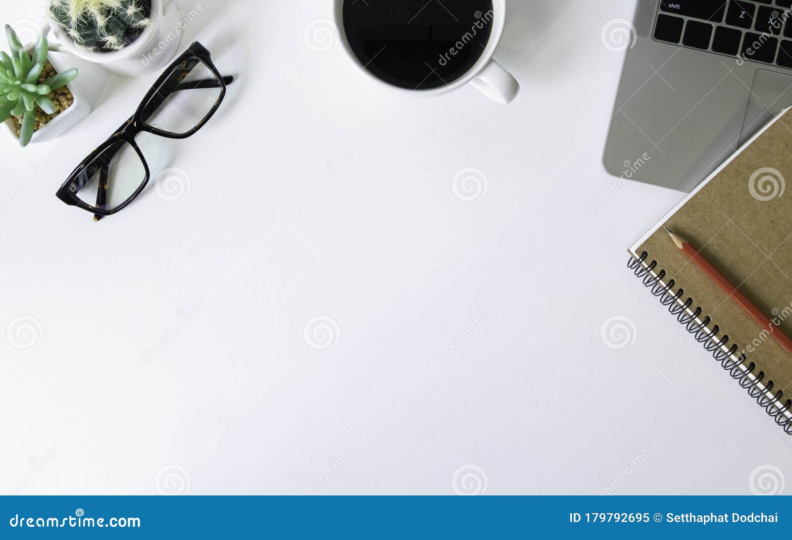 Workplace in Office with White Desk. Top View from Above of Laptop with ...