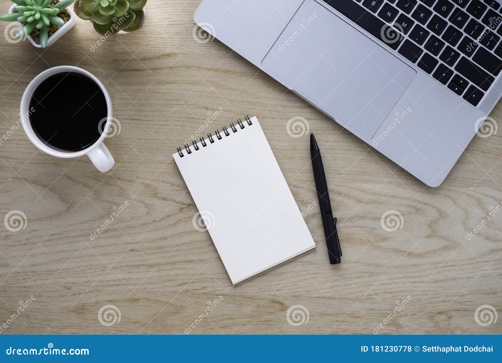 Workplace in Office with Wood Table. Top View from Above of Laptop with ...