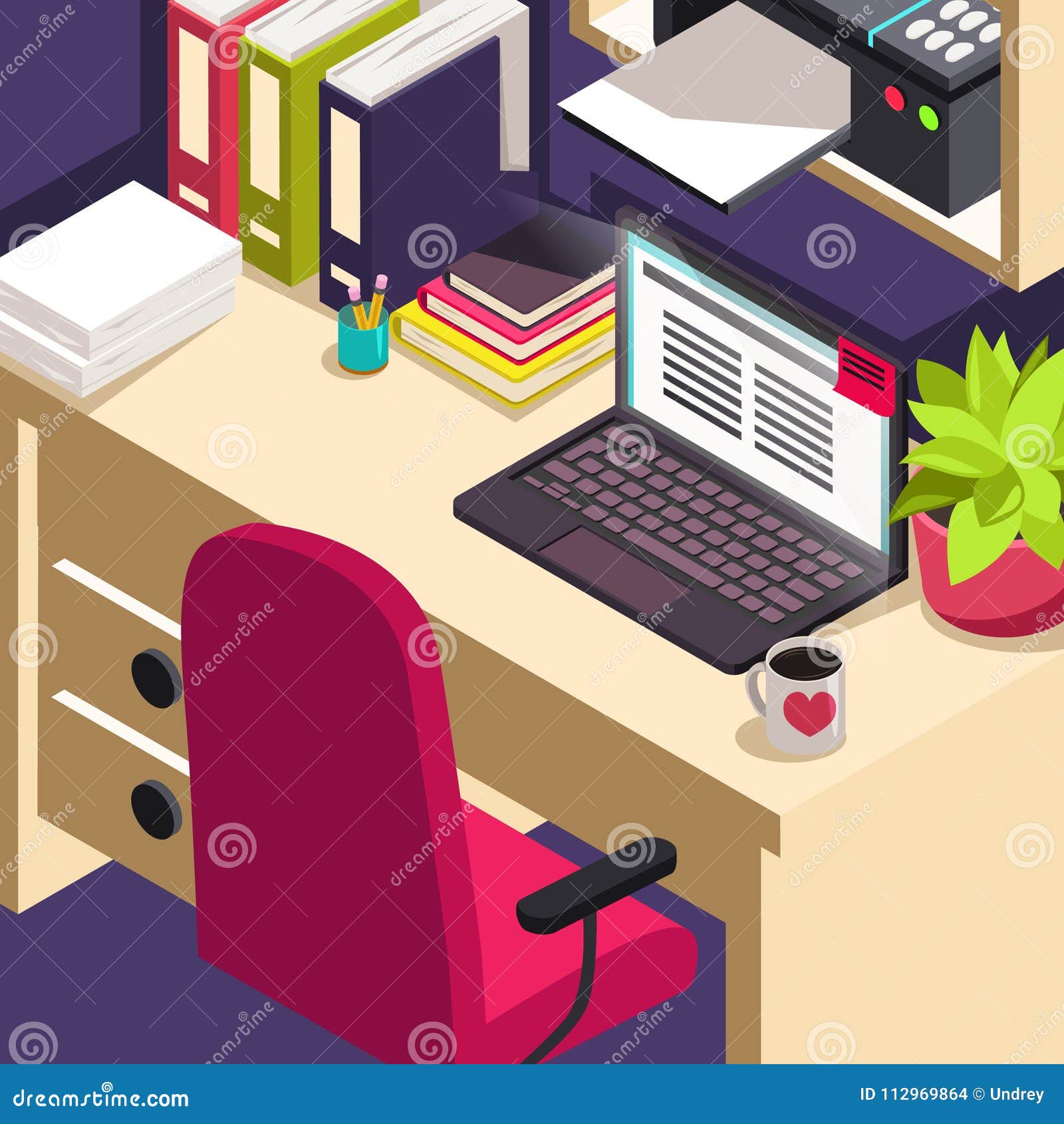 Workplace Office Work Objects on Table Isometric Concept of Workspace ...