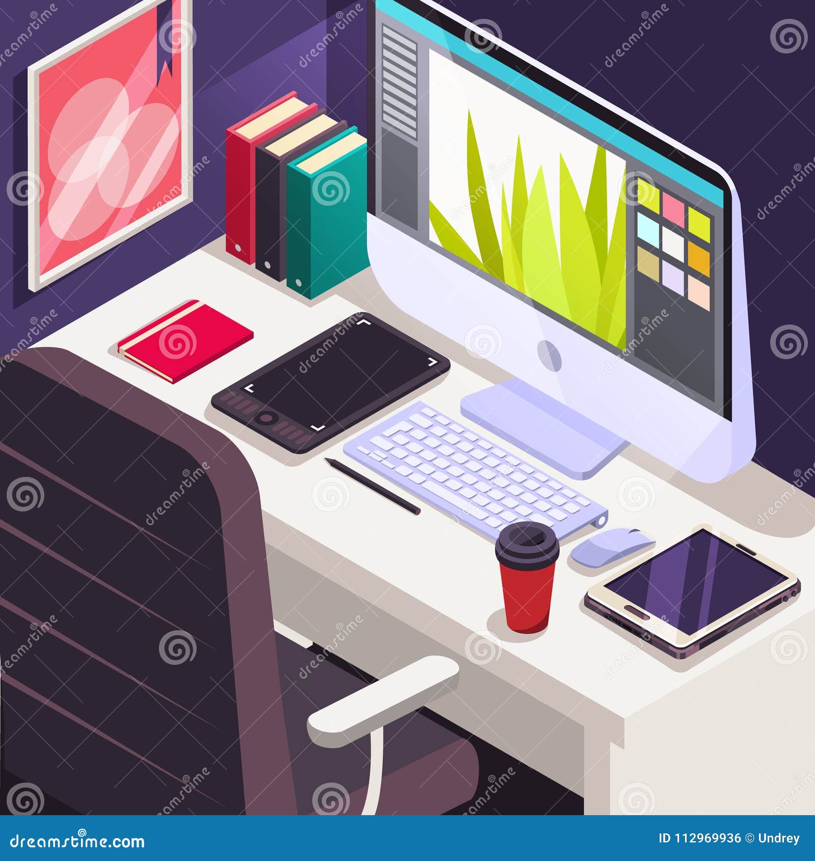 Workplace Office Work Objects on Table Isometric Concept of Workspace ...