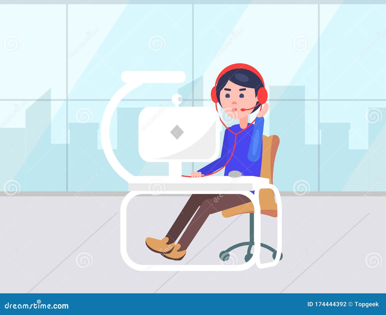 Workplace and Office Worker, Computer and Headset Stock Vector ...