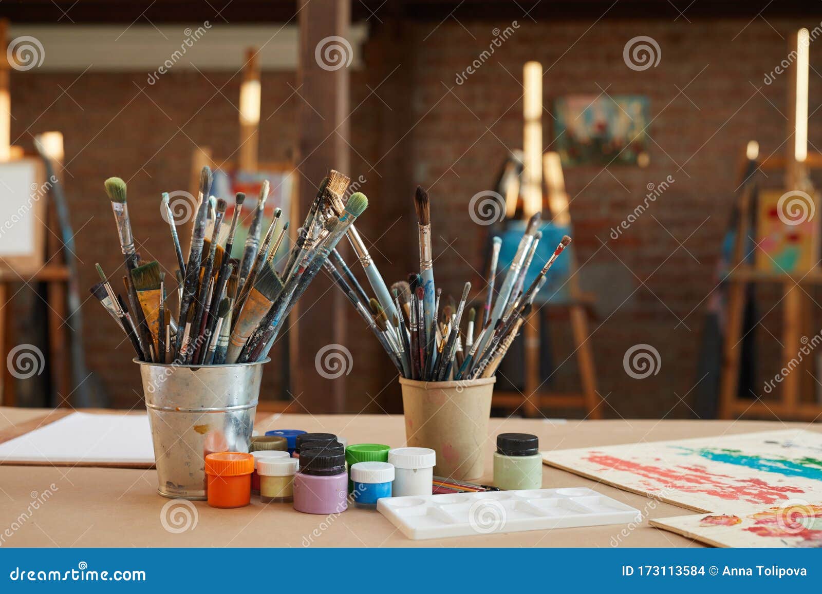 Workplace with Paints and Brushes Stock Photo - Image of closeup ...