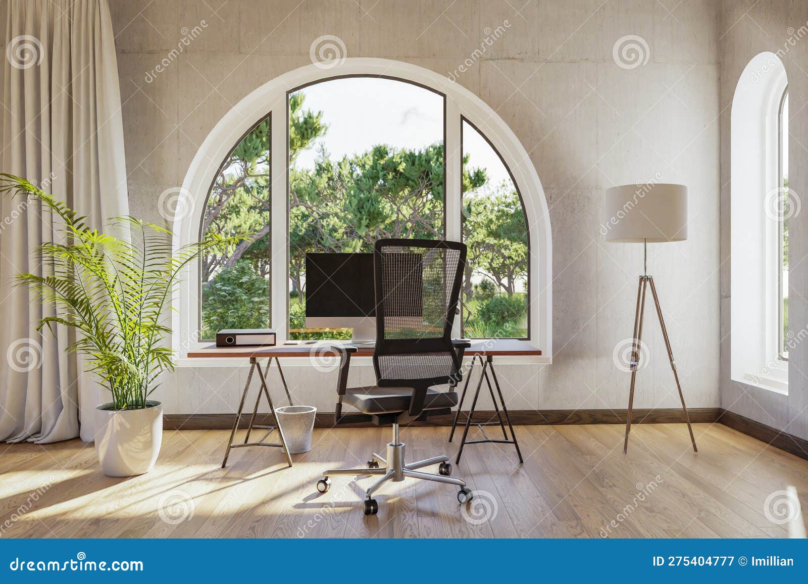 Workplace with Pc Workstation in Front of Large Arched Windows ...