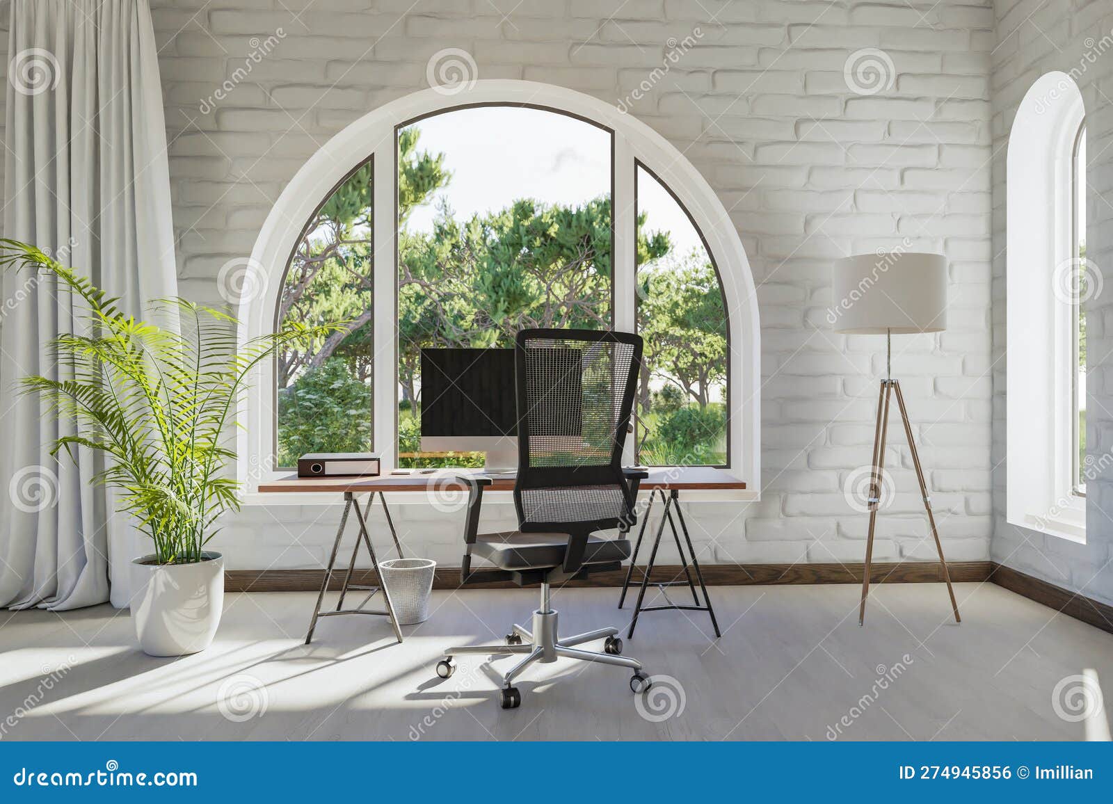 Workplace with Pc Workstation in Front of Large Arched Windows ...
