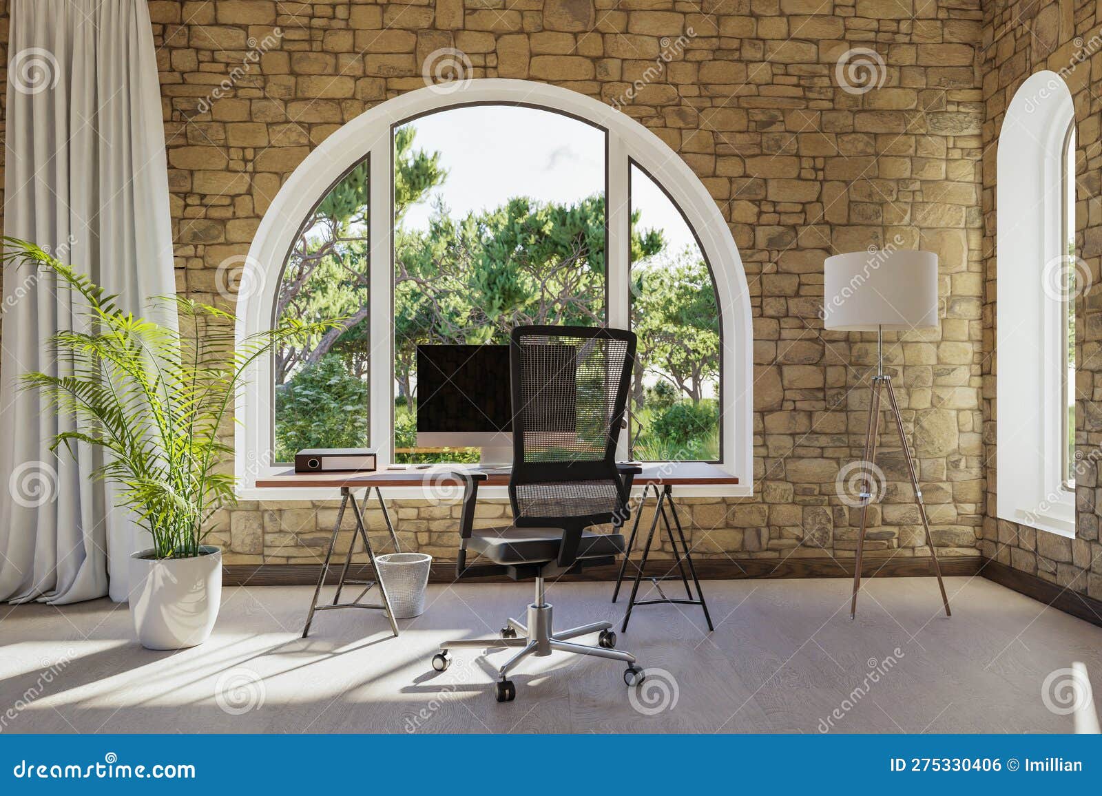 Workplace with Pc Workstation in Front of Large Arched Windows ...