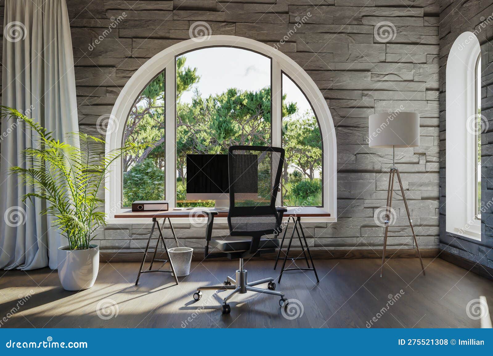 Workplace with Pc Workstation in Front of Large Arched Windows ...