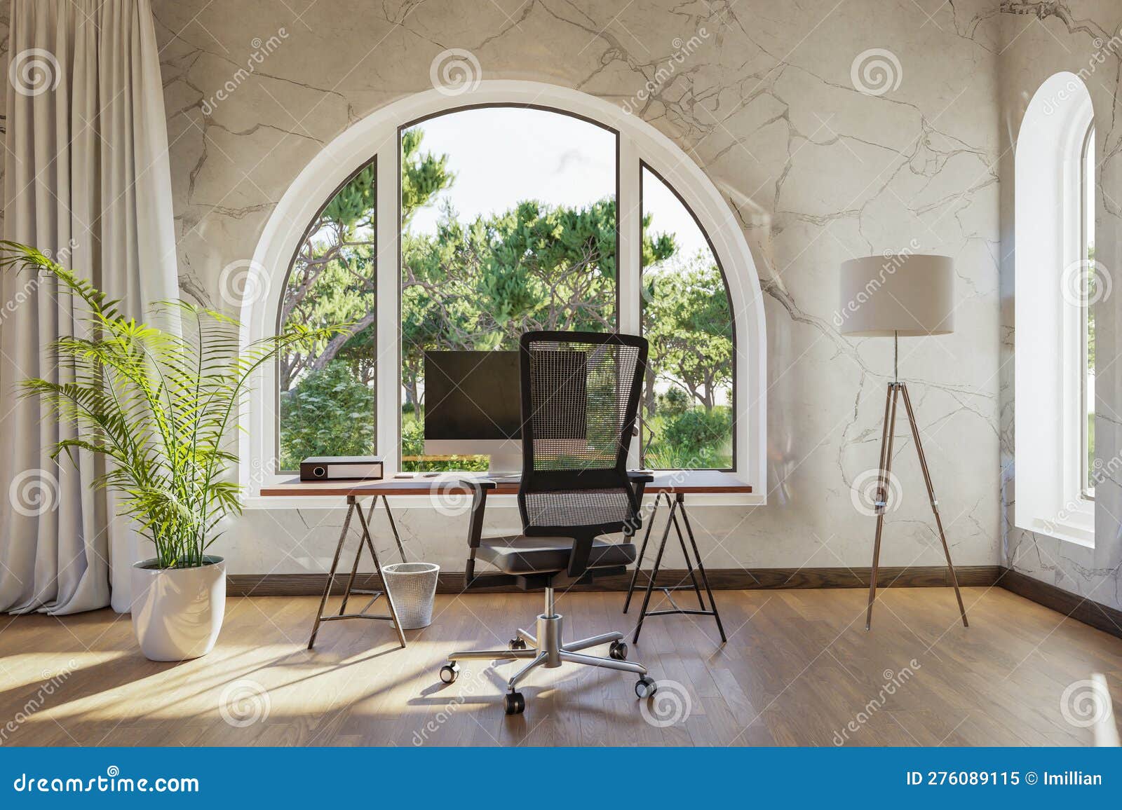 Top View On Bright Office Room Interior With Computers, Desks Royalty ...