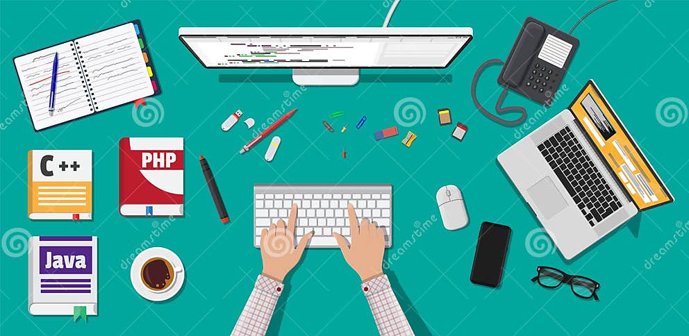 Workplace of Programmer or Coder. Stock Vector - Illustration of phone, abstract: 98805355