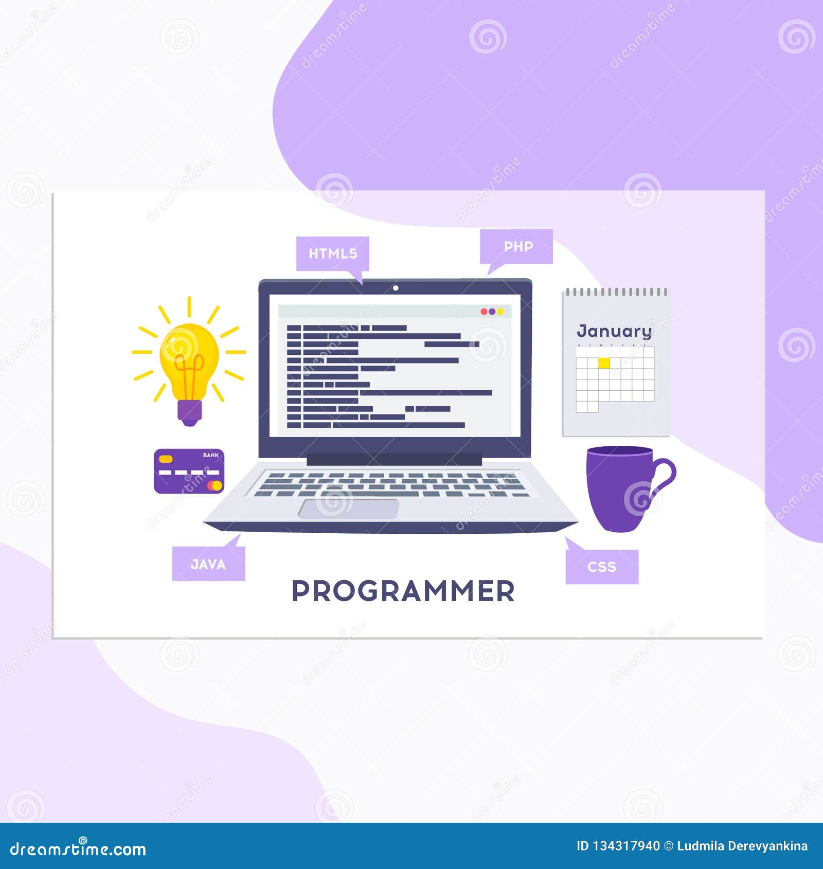 Workplace of Programmer or Coder. Vector Illustration, Programmer Coding a New Project Using ...