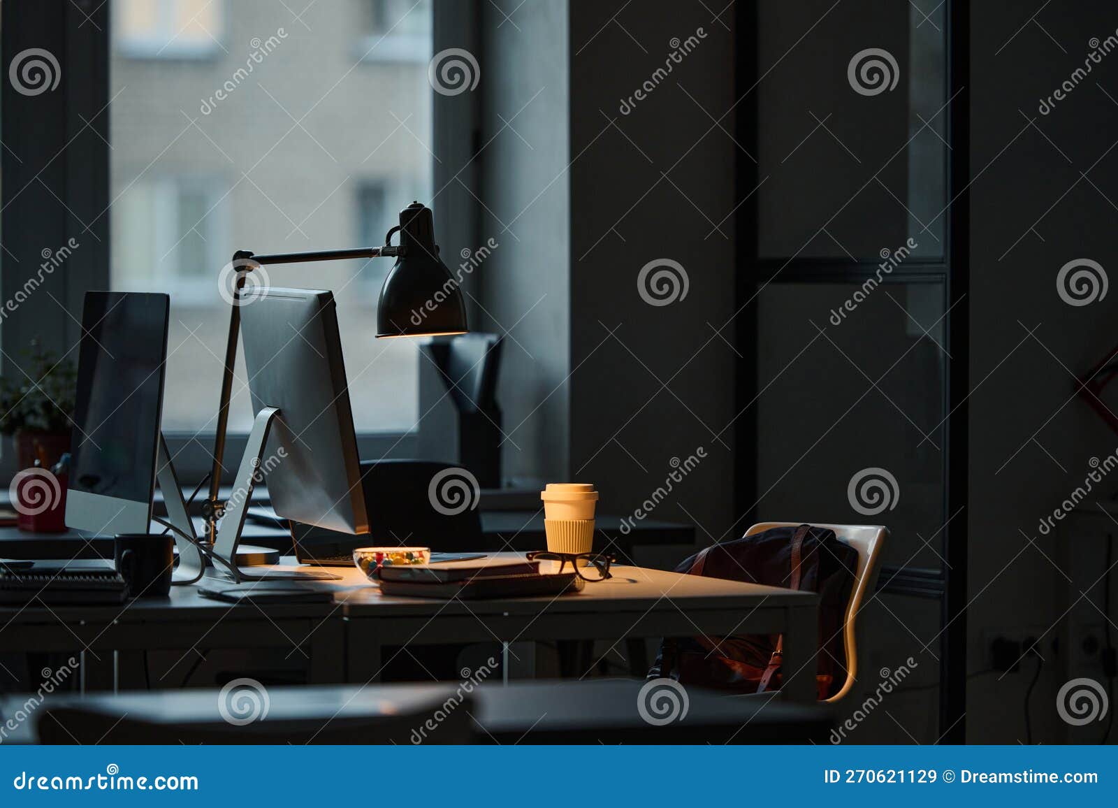 Workplace of Programmer in Dark Office Stock Image - Image of workplace ...