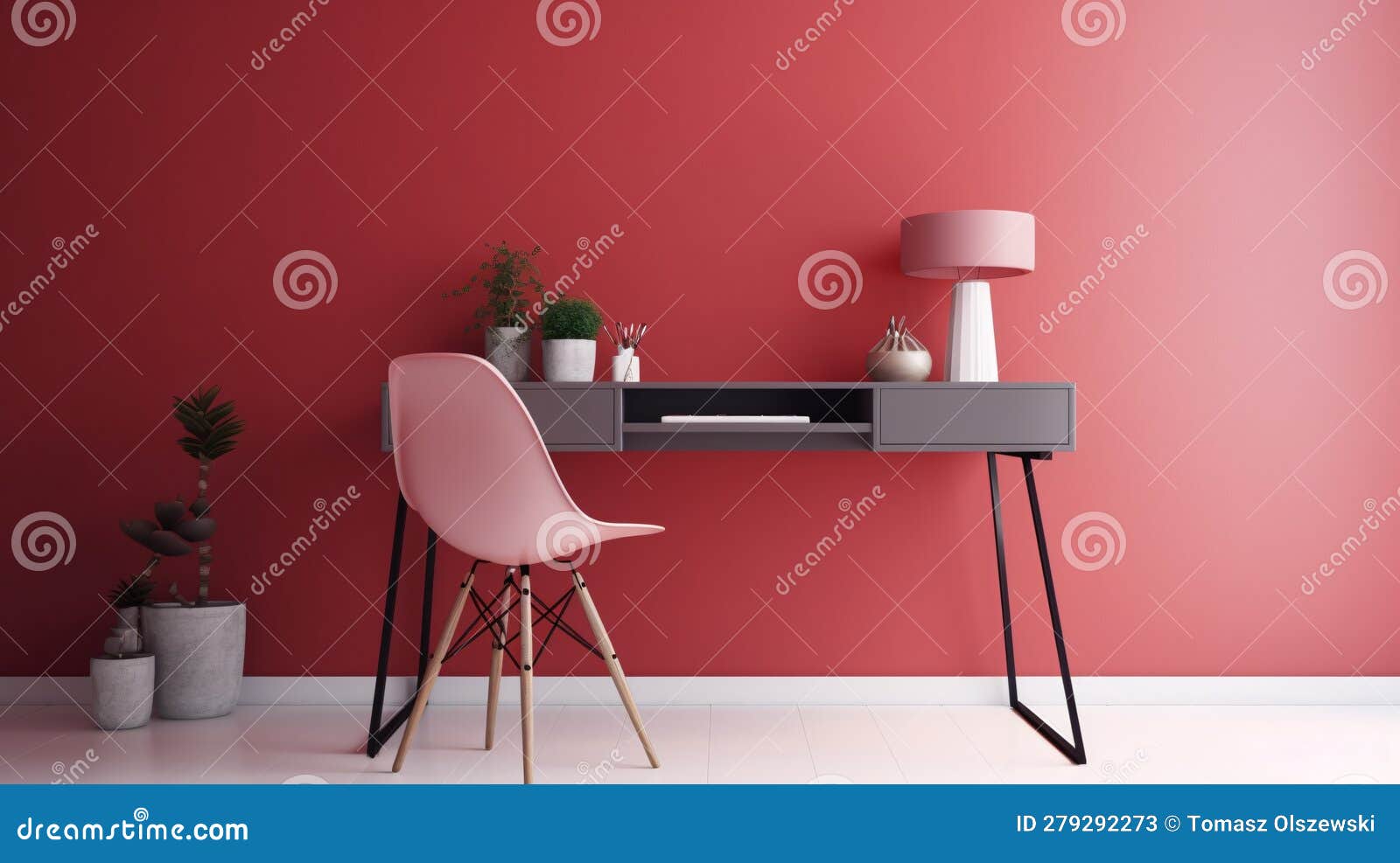 Workplace in Red Room with Table and Chair. Minimalistic Style Stock ...