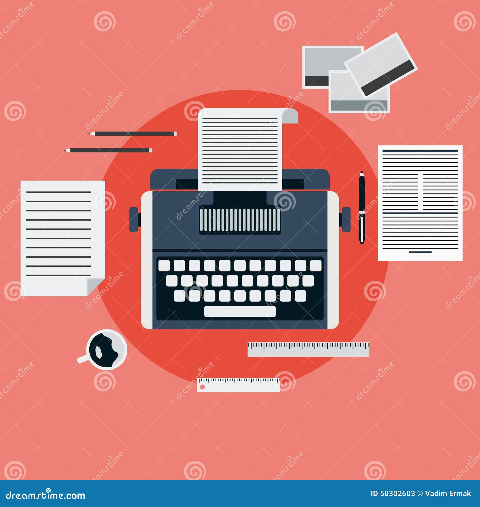 Workplace with Retro Typewriter Stock Vector - Illustration of ruler ...
