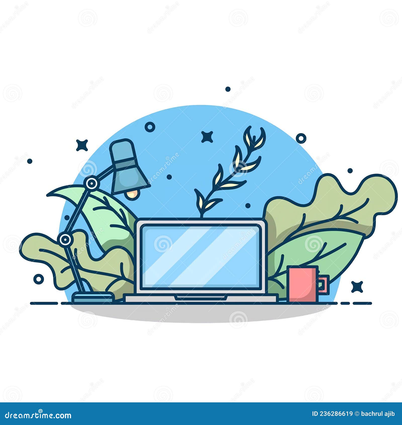 Workplace Setup with Light Computer and Greenery Behind it Stock ...