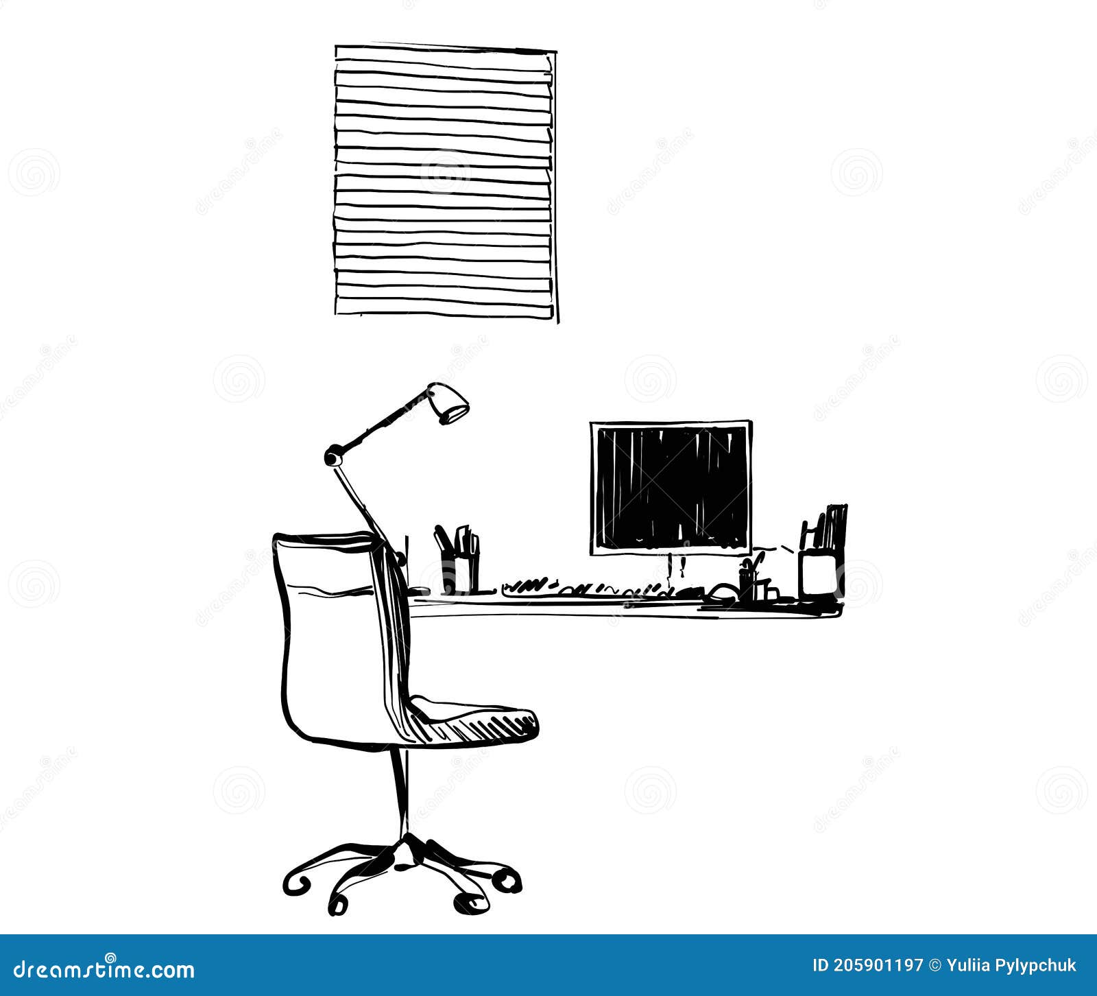 Workplace Sketch. Hand Drawn Interior. Furniture Sketch Stock Vector ...