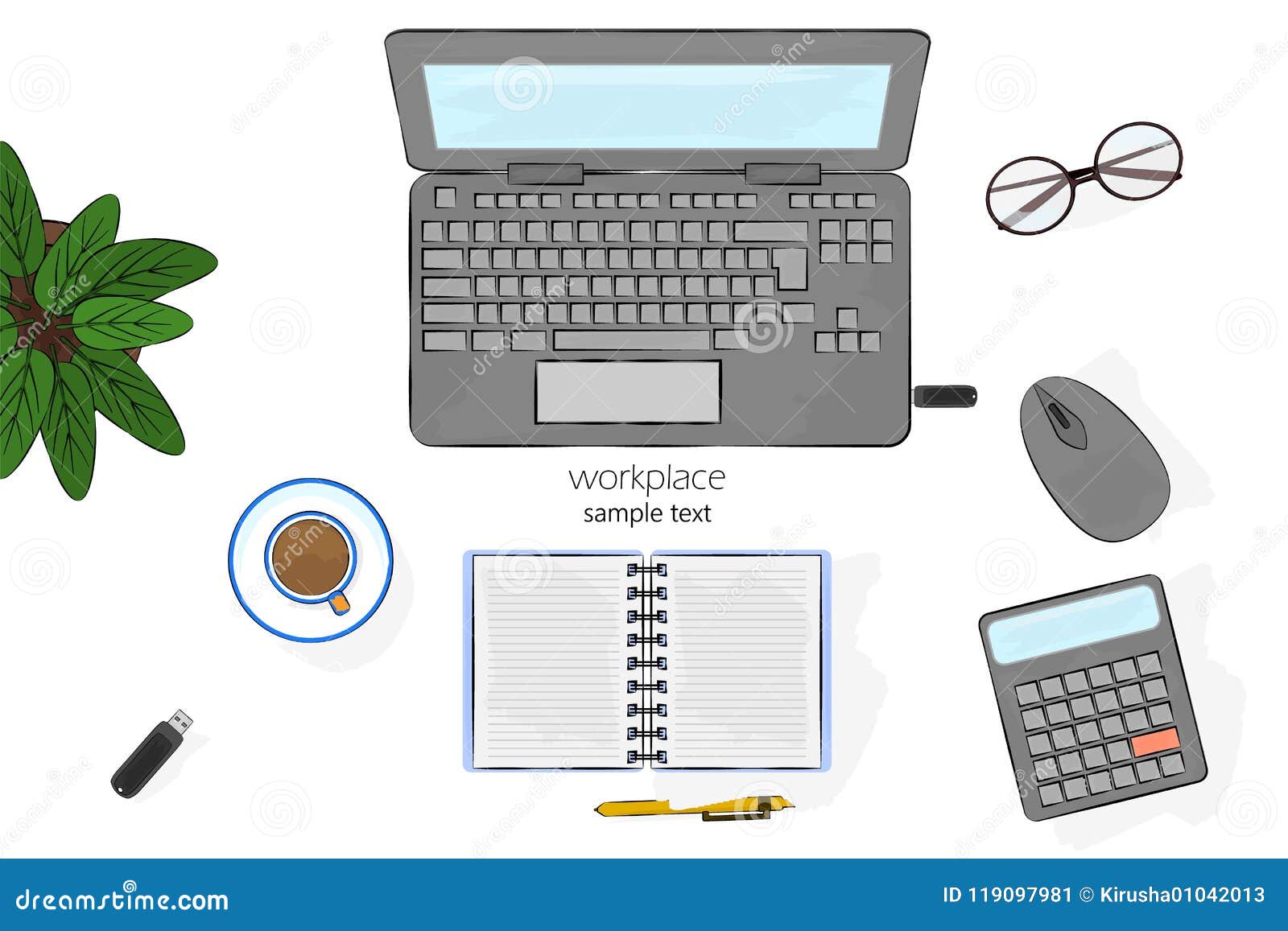 Workplace Sketch View from Above Stock Illustration - Illustration of ...