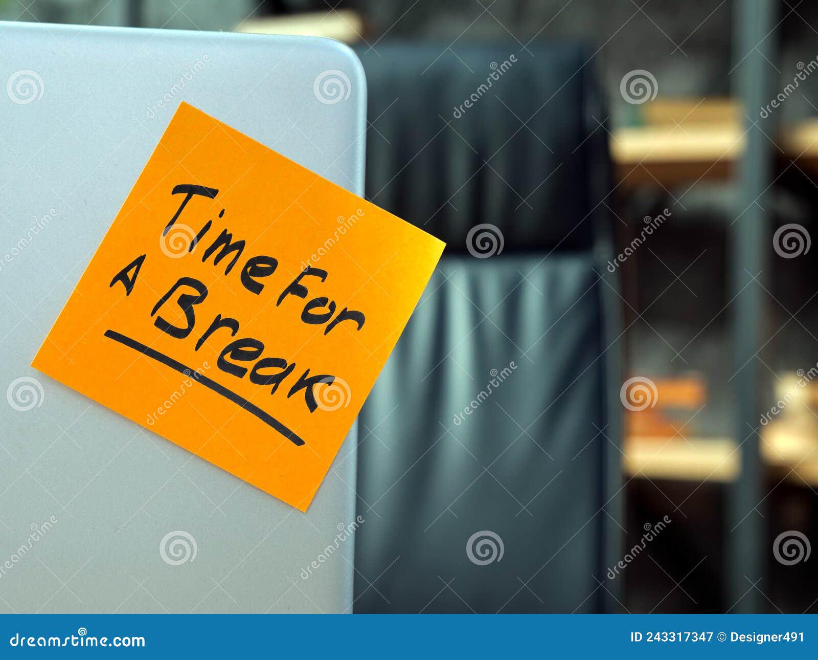 Workplace and Sticker on the Laptop with Sign Time for a Break. Stock ...