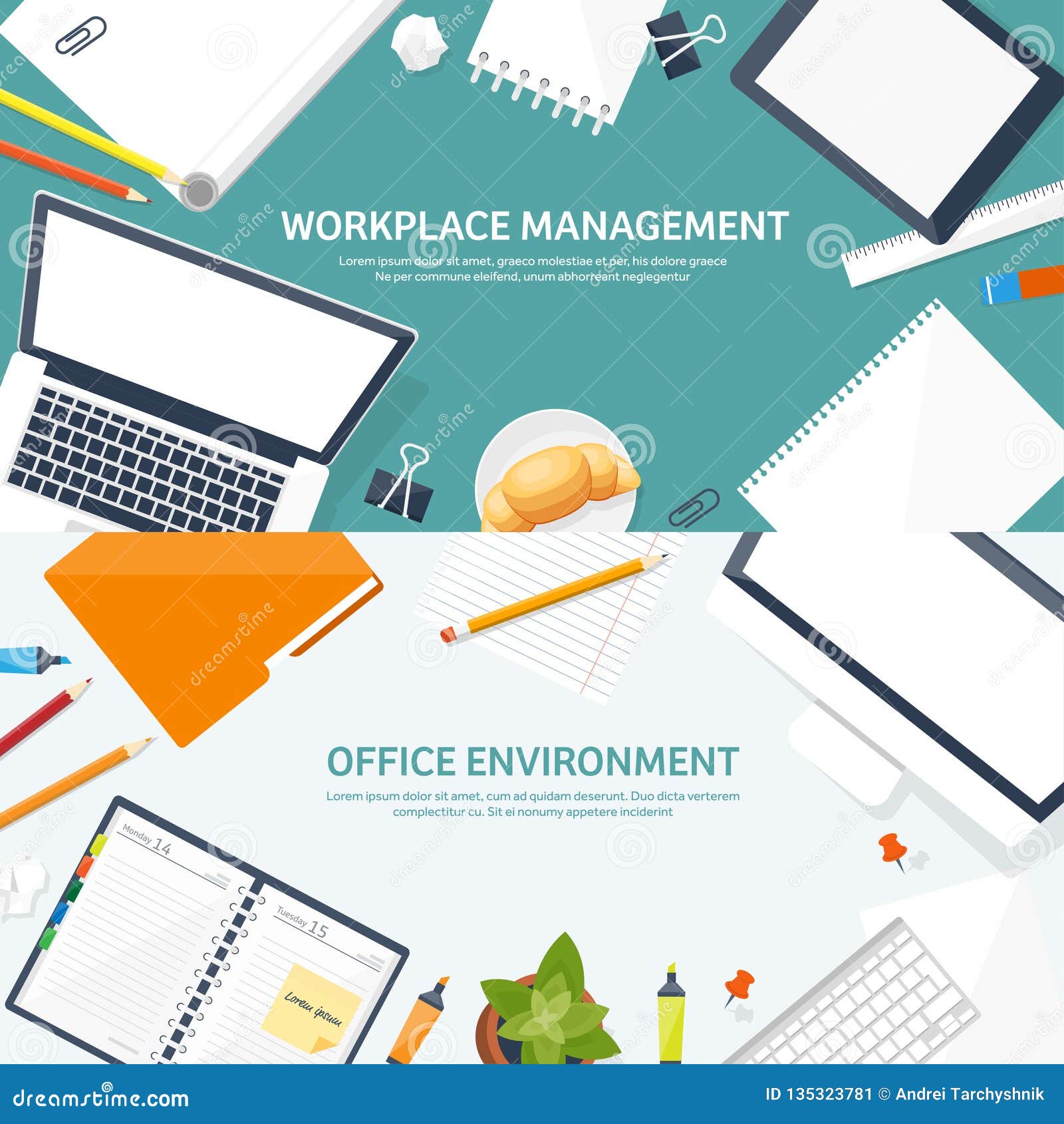 Workplace with Table and Computer. Laptop,documents,papers,notepad and ...