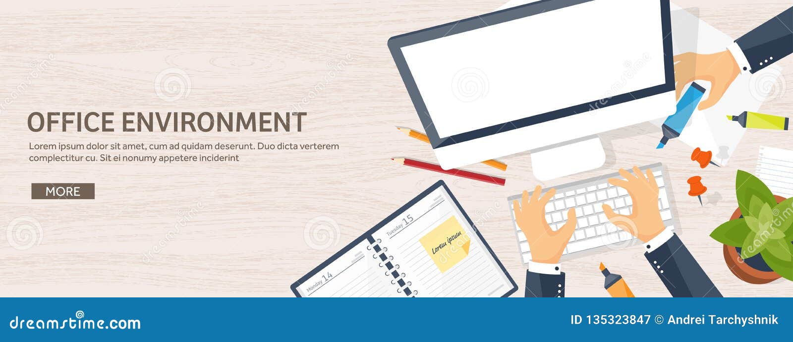 Workplace with Table and Computer. Laptop,documents,papers,notepad and ...