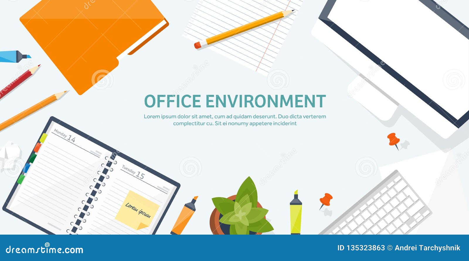 Workplace with Table and Computer. Laptop,documents,papers,notepad and ...