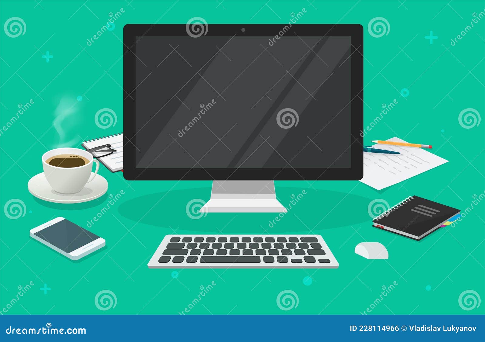 Workplace Table Desk with Computer Blank Empty Screen for Copy Space ...