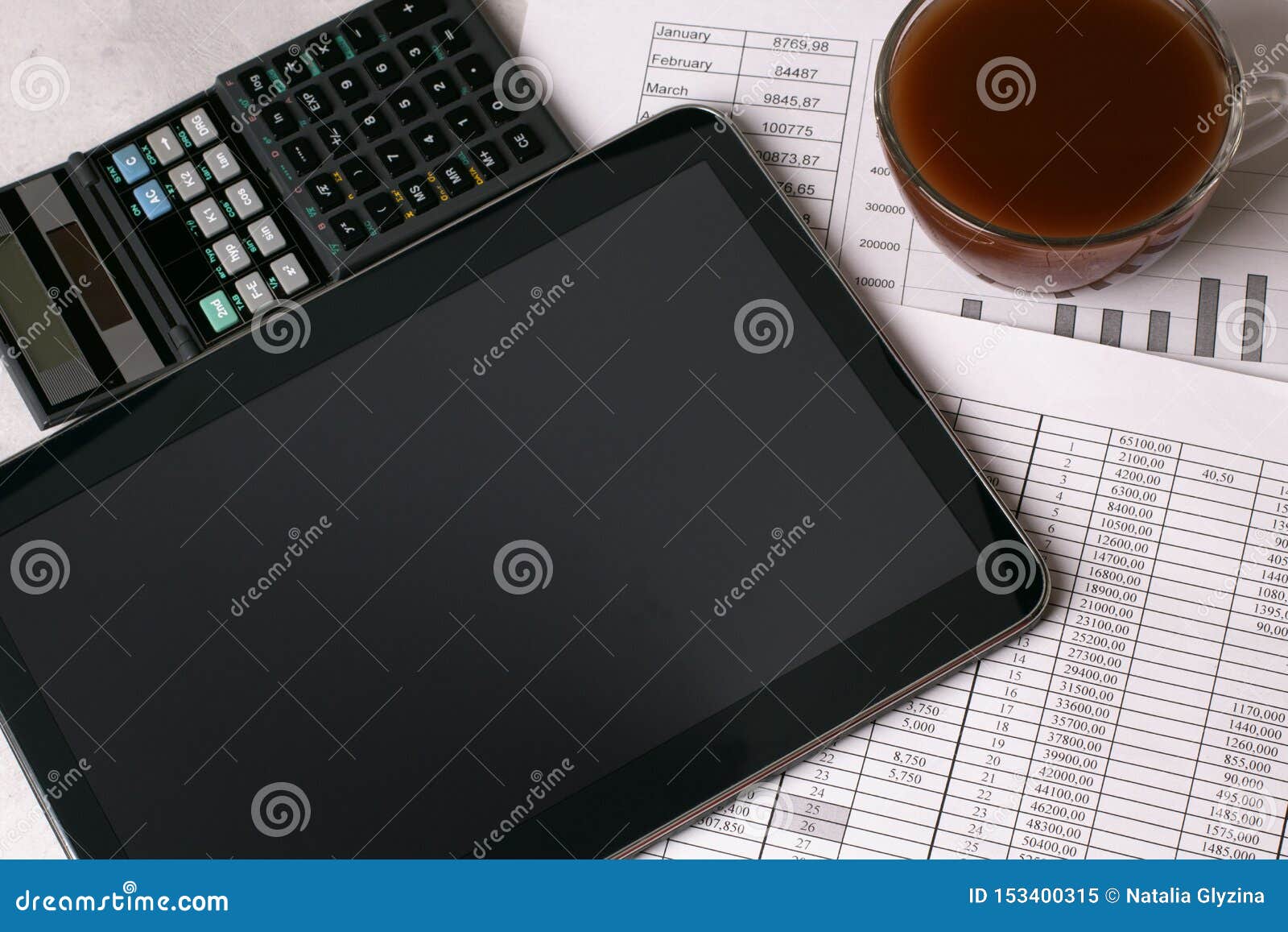 Workplace with Tablet and Stock Charts. Accountant Work Table Stock ...