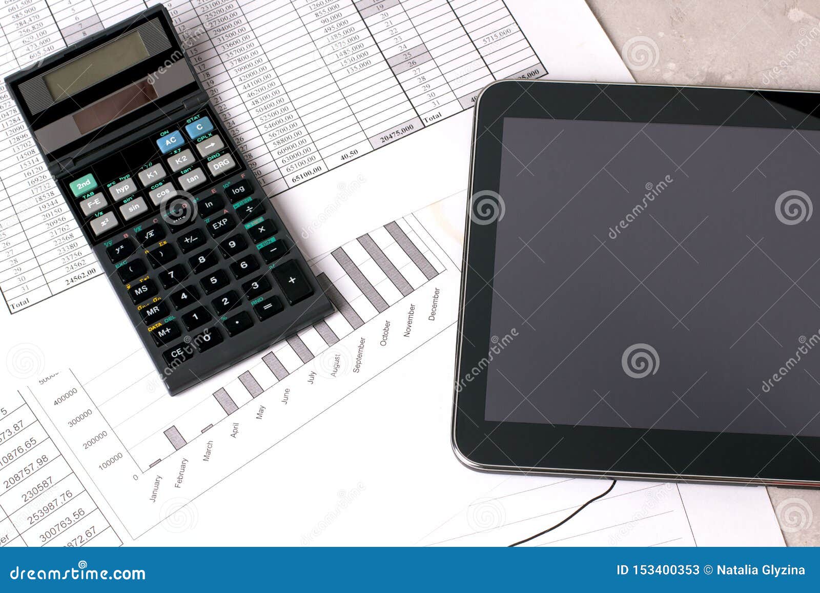 Workplace with Tablet and Stock Charts. Accountant Work Table Stock ...