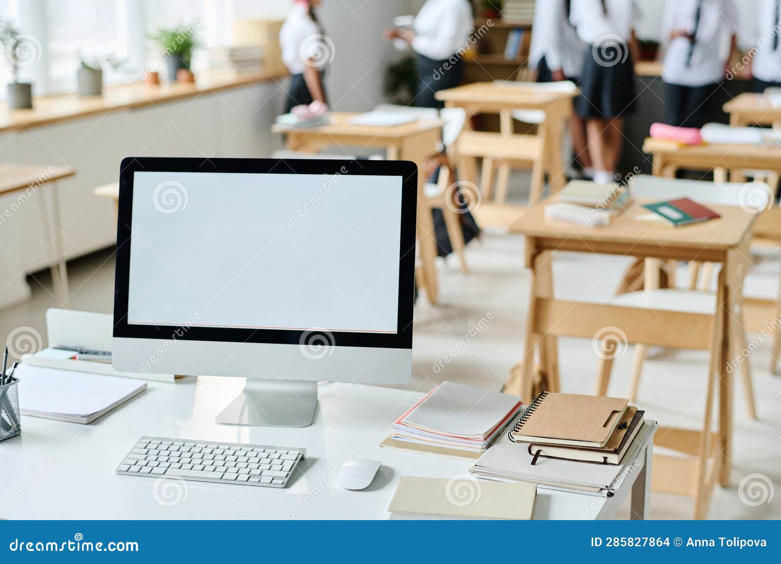 Workplace of Teacher with Computer in Classroom Stock Photo - Image of ...