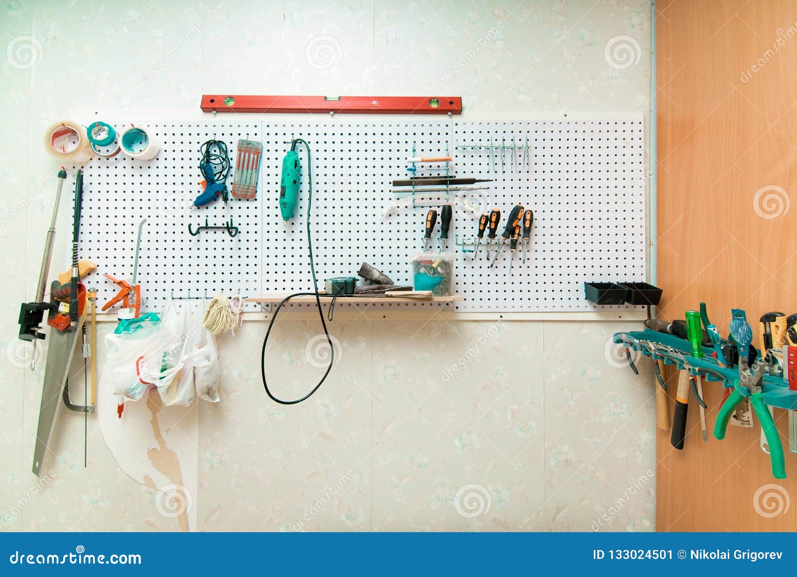 Workplace with Tools on a Wall Stock Image - Image of interior, level ...