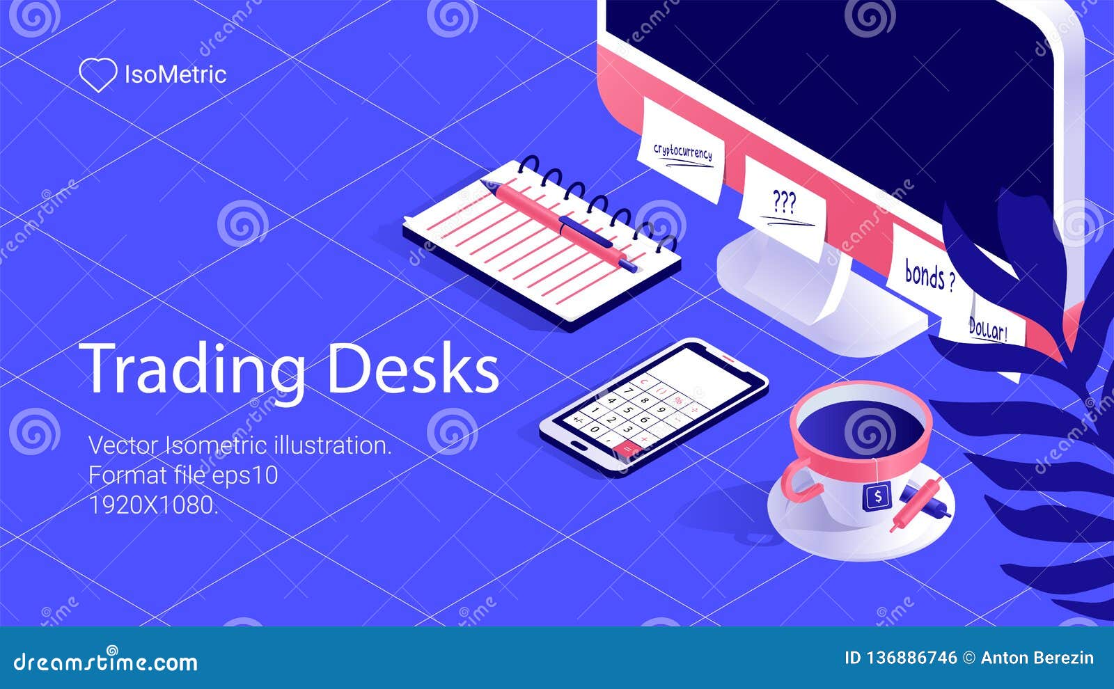 Workplace Trader Illustration, Work Desk Banner, Isometric Illustration ...