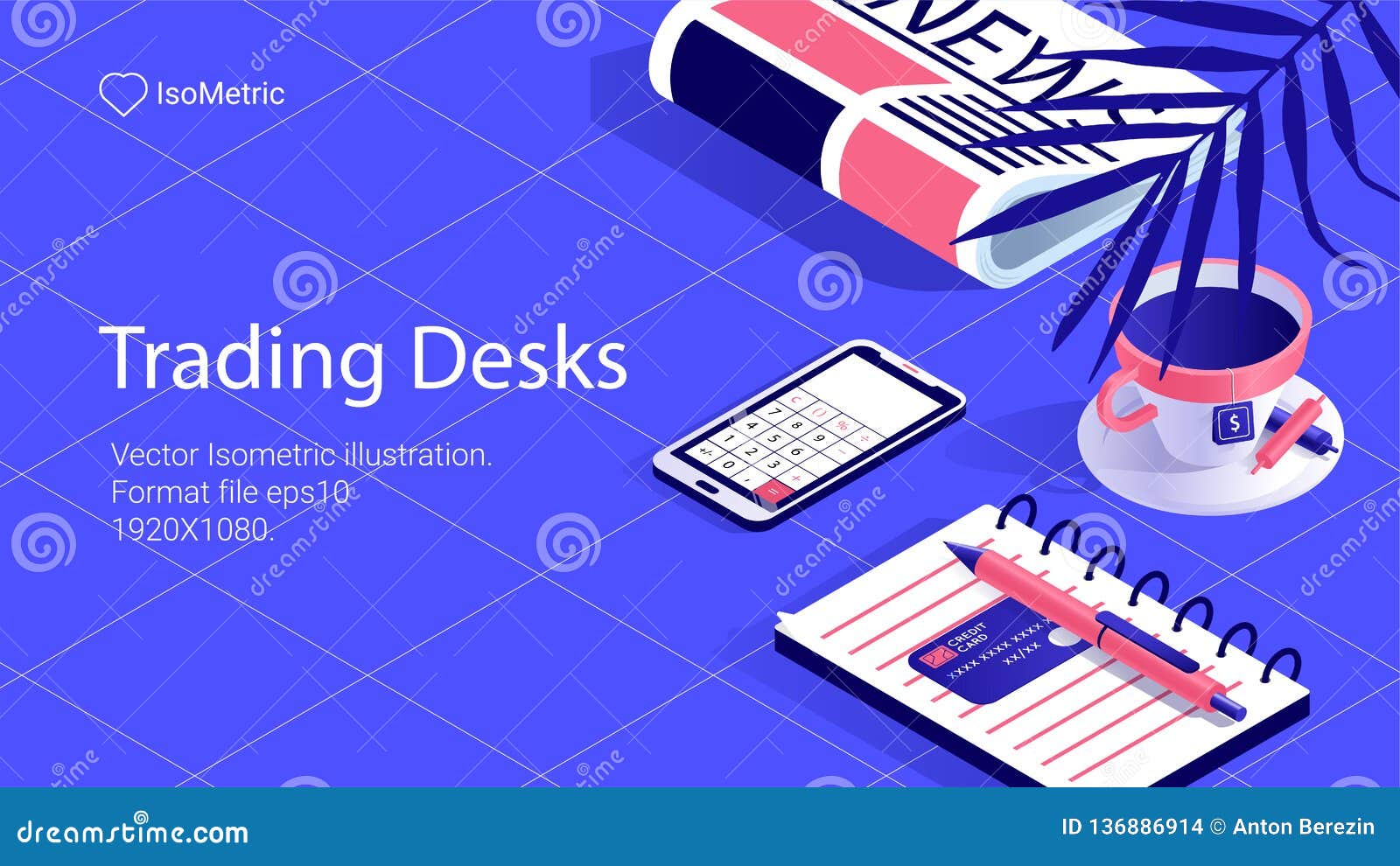 Workplace Trader Illustration, Work Desk Banner, Isometric Illustration ...