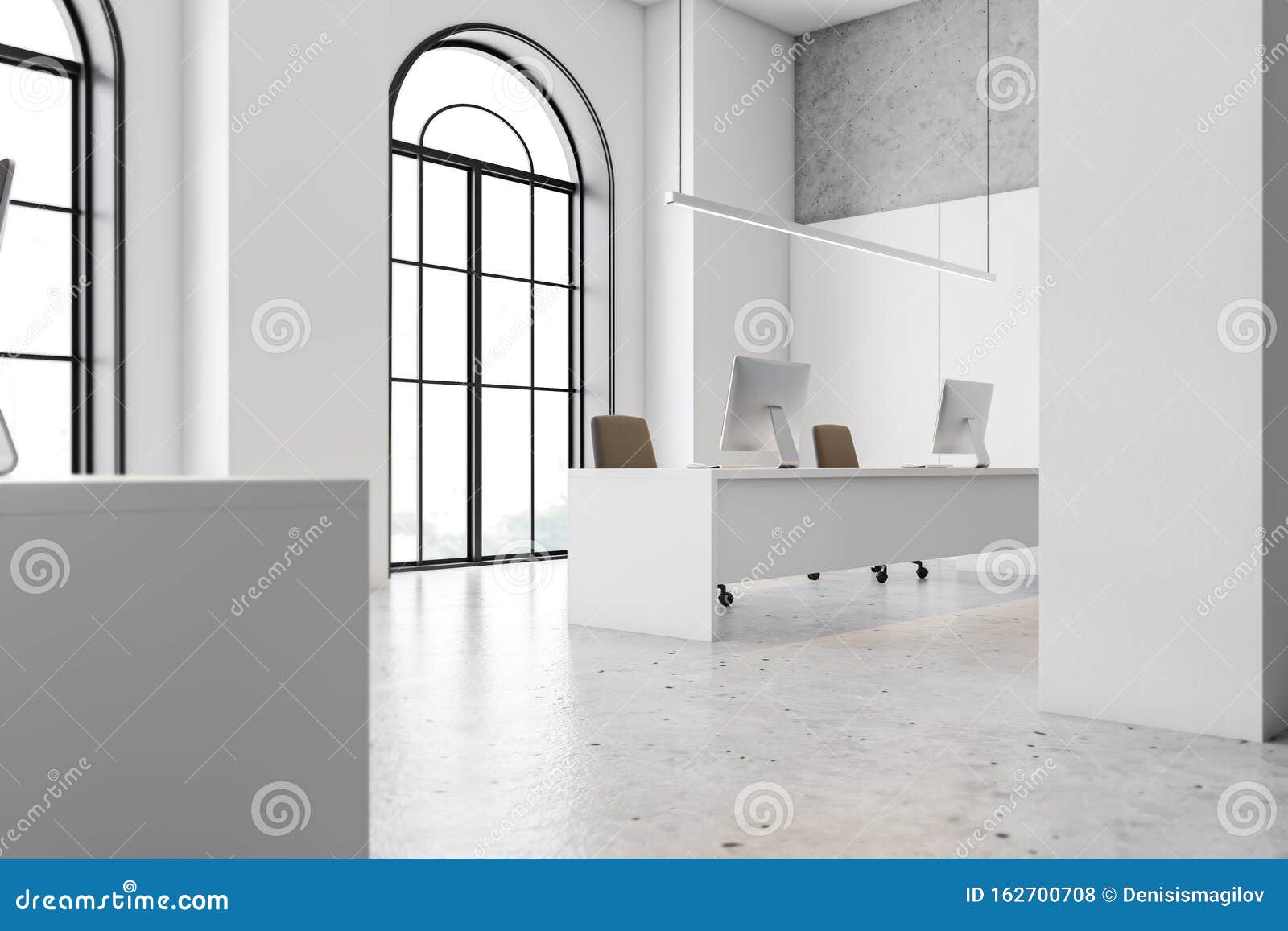 Workplace in White Arched Open Space Office Stock Illustration ...