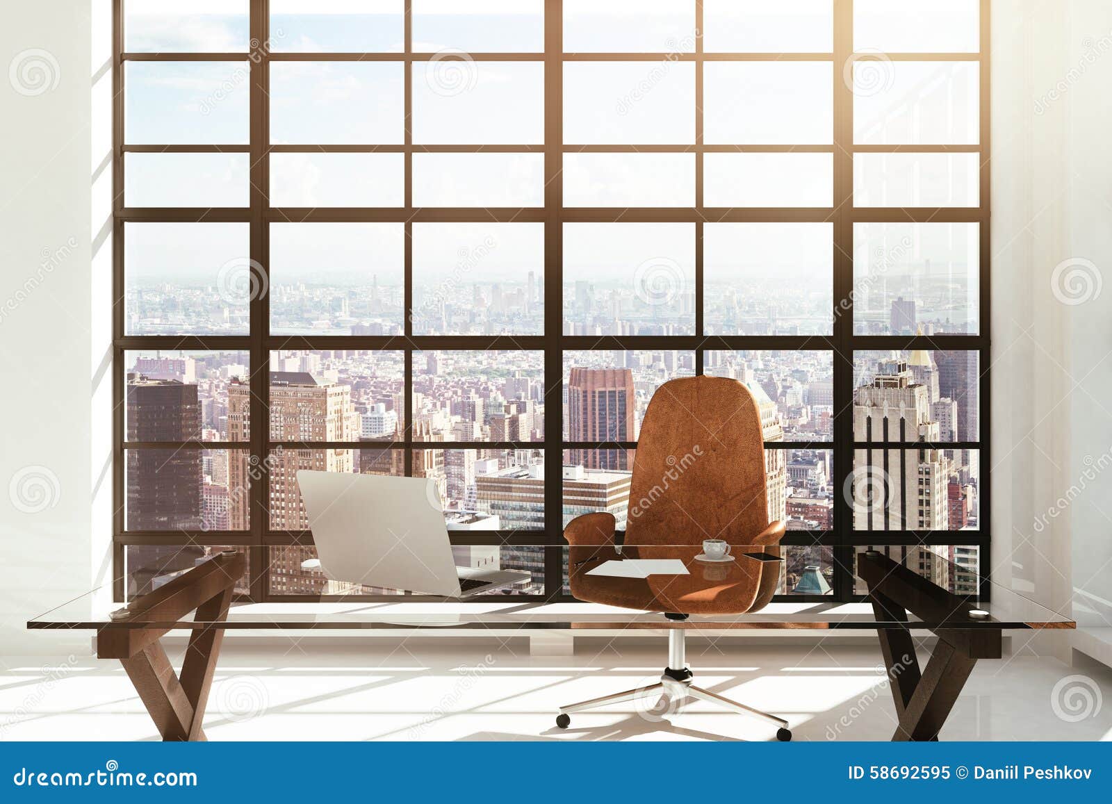 Workplace in a White Modern Interior with City View Stock Image - Image ...