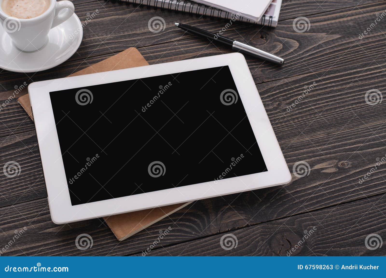Workplace with White Tablet Computer with a Blank Screen Stock Image ...