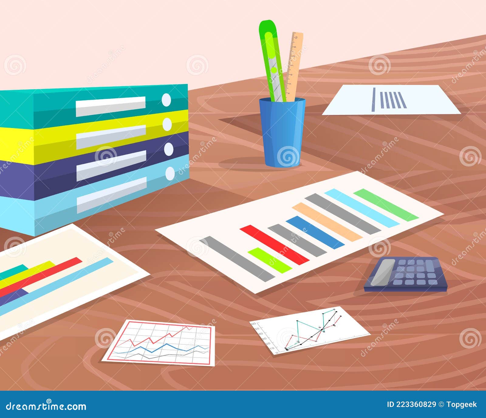 Workplace, Wooden Table, Paper Documents with Charts and Graphs ...