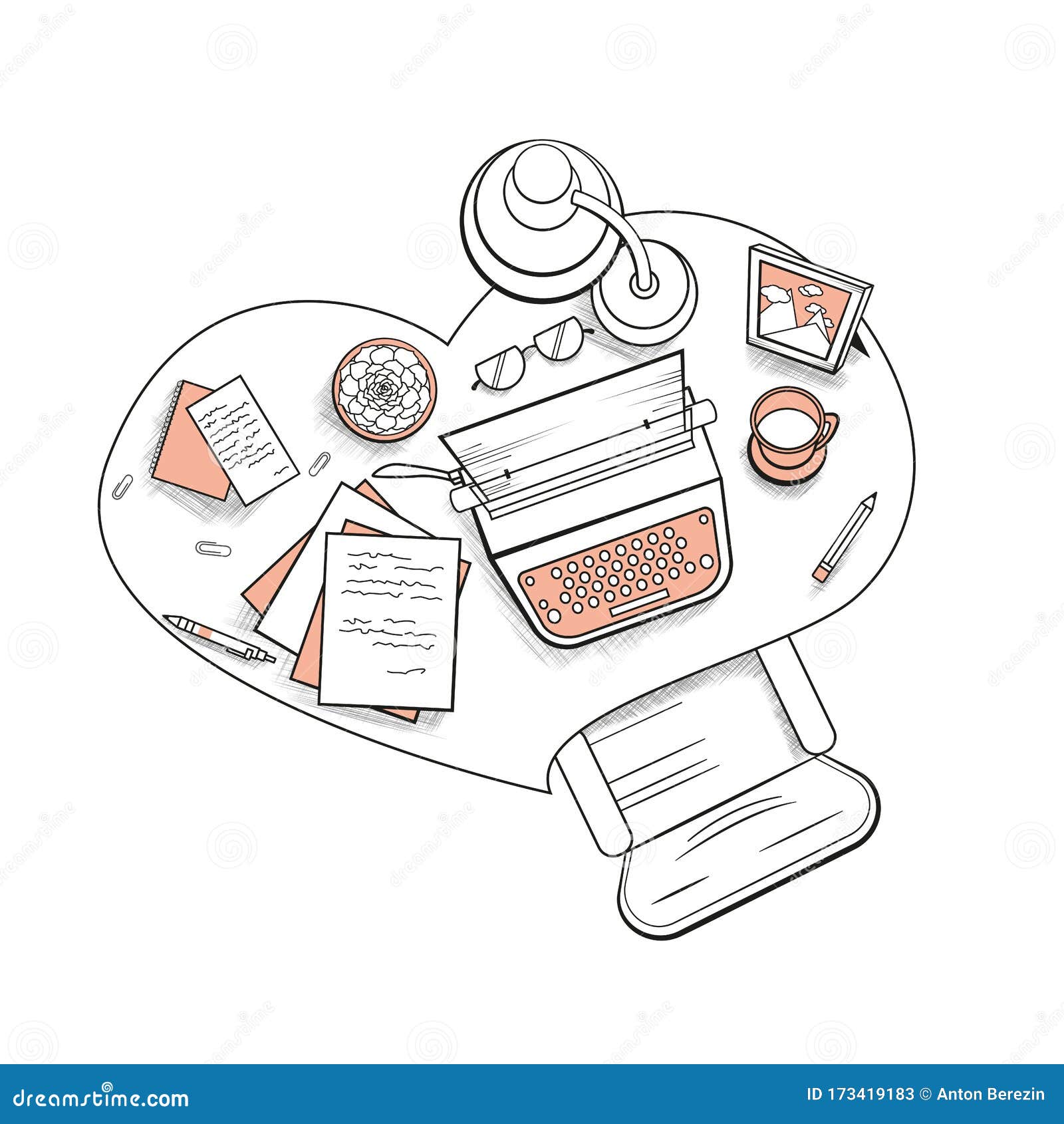 Workplace of Writer. Outline Illustration Stock Vector - Illustration ...
