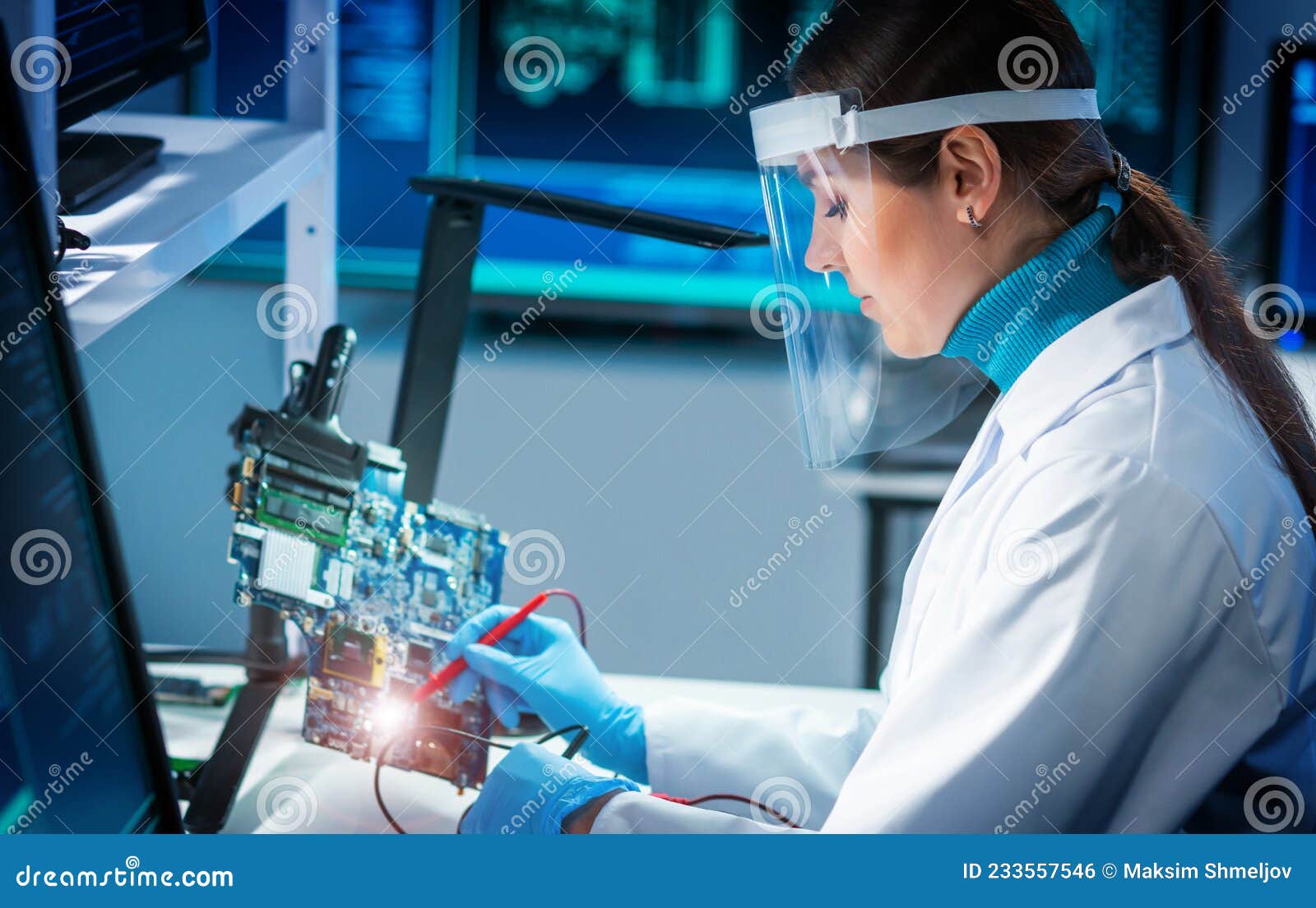 Workplace of Young Woman in Modern Microelectronics Manufacturing Lab ...