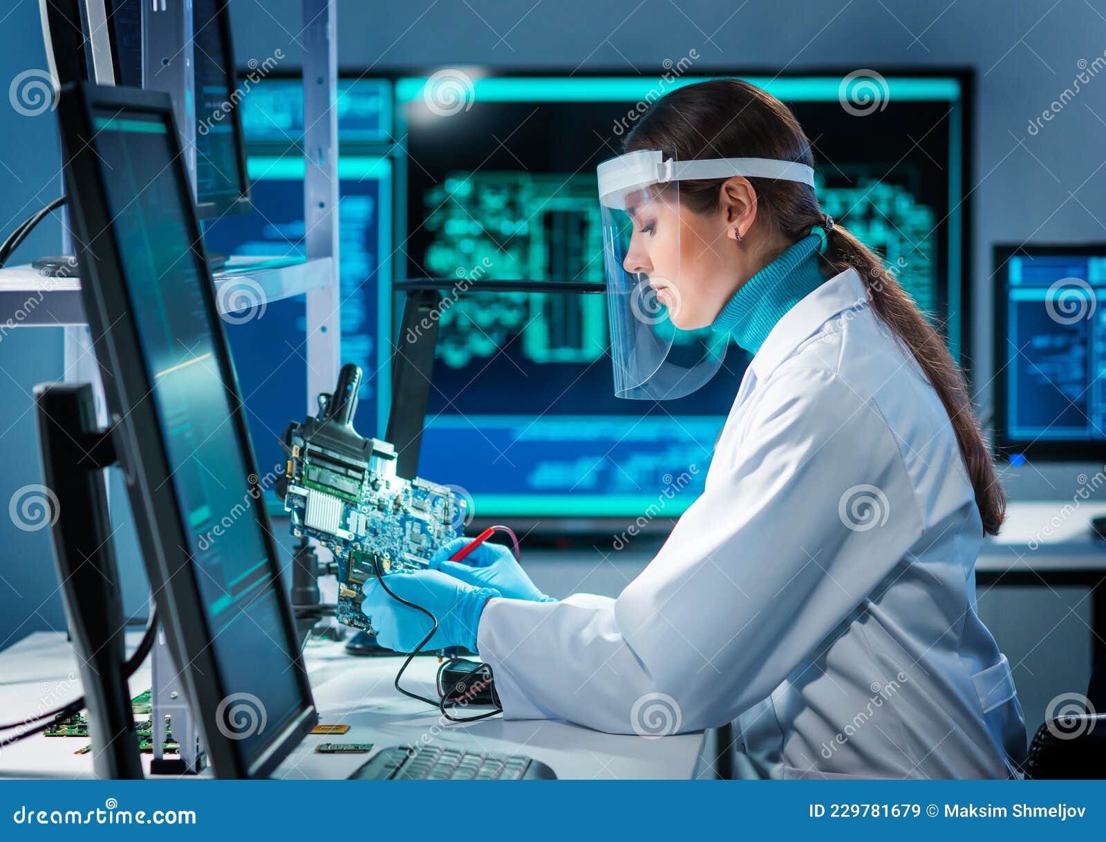 Workplace of Young Woman in Modern Microelectronics Manufacturing Lab ...