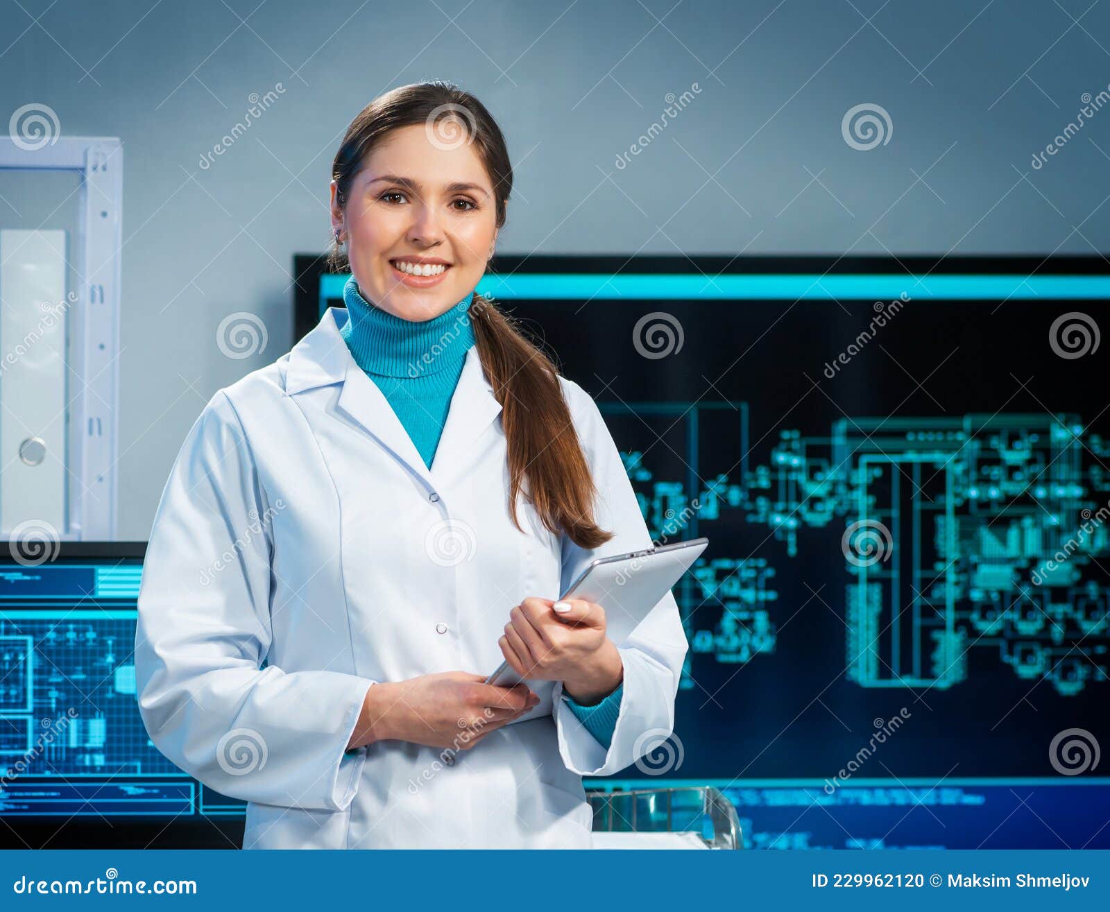 Workplace of Young Woman in Modern Microelectronics Manufacturing Lab ...
