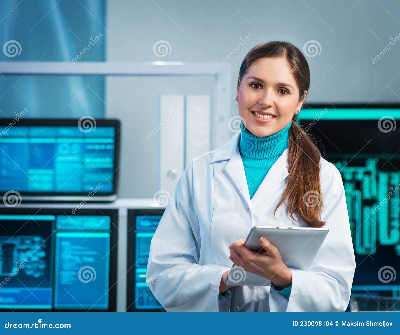 Workplace of Young Woman in Modern Microelectronics Manufacturing Lab ...