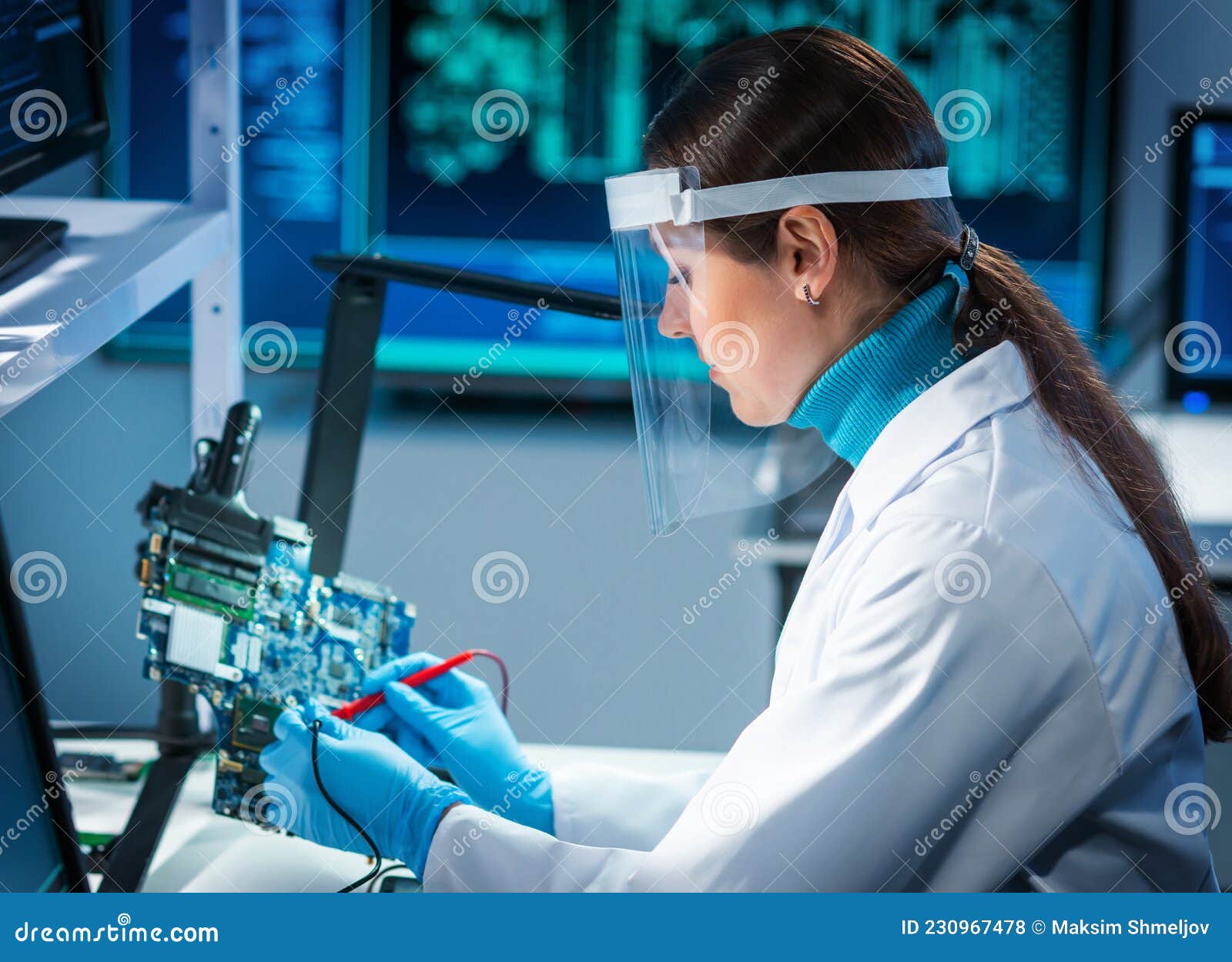 Workplace of Young Woman in Modern Microelectronics Manufacturing Lab ...