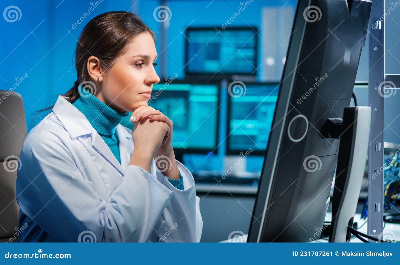 Workplace of Young Woman in Modern Microelectronics Manufacturing Lab ...
